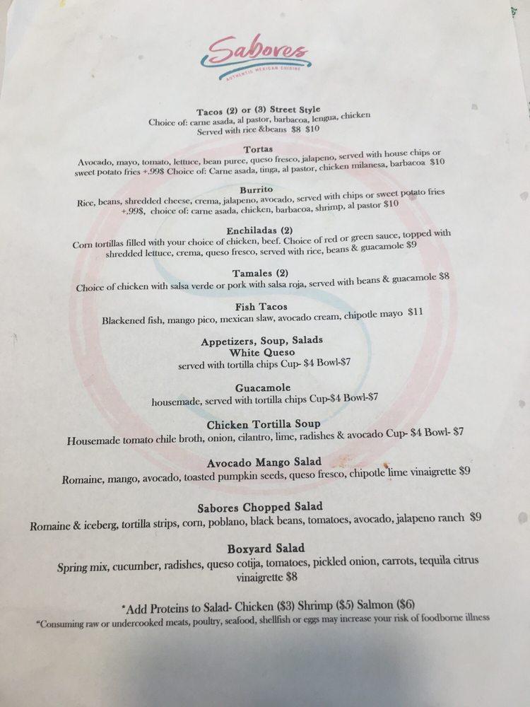 Menu at Sabores restaurant, Tulsa