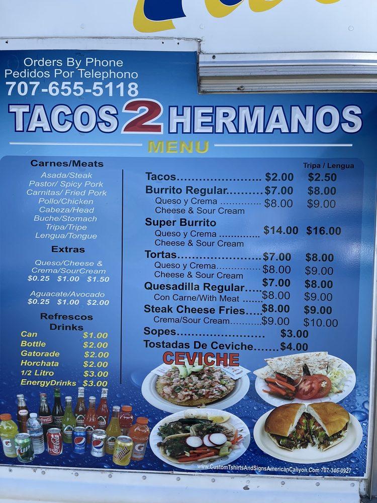 Menu at Tacos Dos Hermanos restaurant, Vallejo