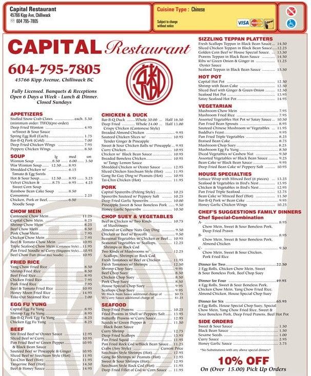 Menu at Capital Restaurant, Chilliwack