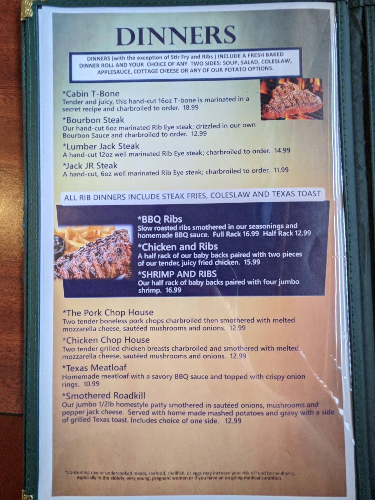 Menu at Log Cabin Restaurant, Schofield