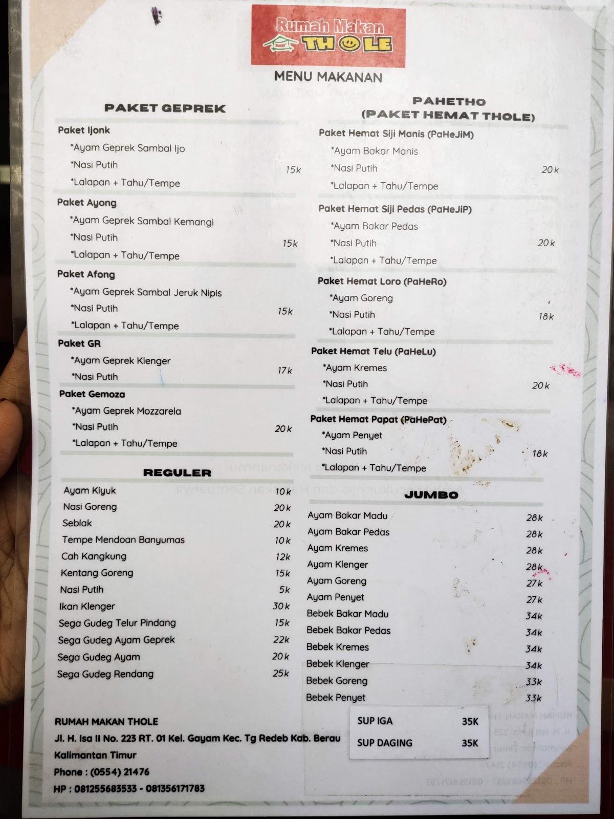 Menu at Pondok si THOLE restaurant, Tandjungredeb