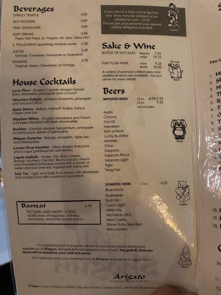 Menu at Shogun steakhouse, Tulsa