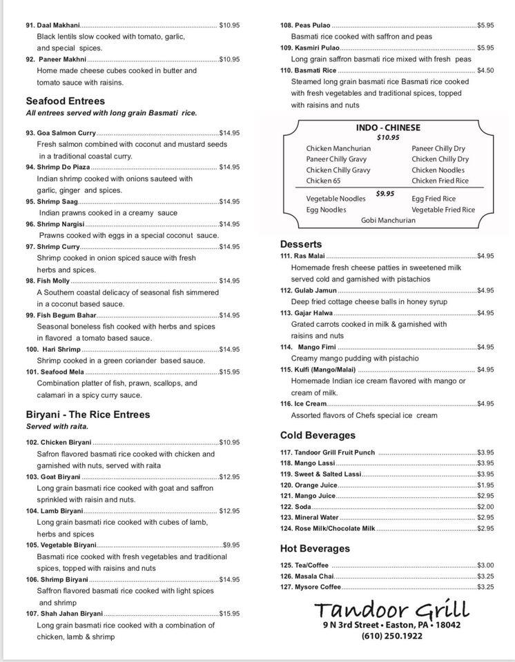 Menu at Tandoor Grill restaurant, Easton