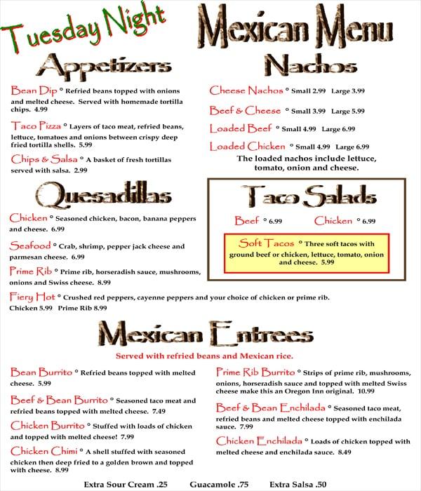 Menu at The Oregon Inn steakhouse, Oregon