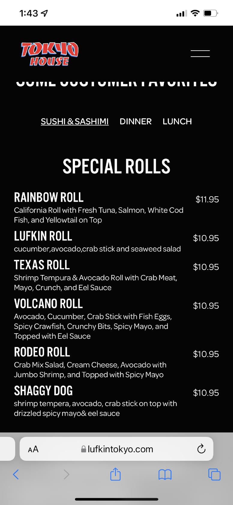 Menu at Tokyo Japanese Restaurant, Lufkin