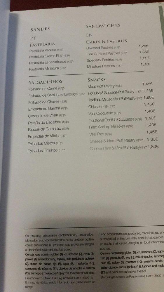 Menu at Versailles cafe, Lisbon, Av. da República 15 A