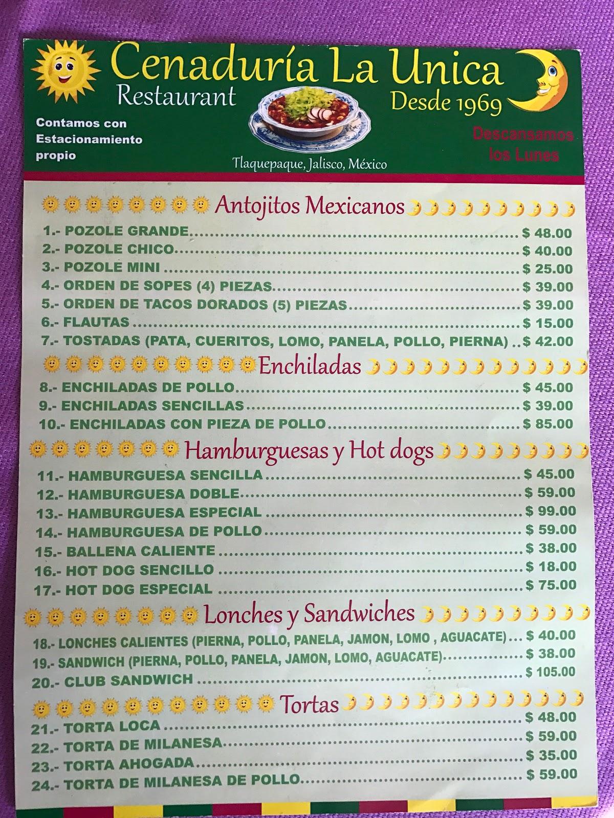 Carta del restaurante CENADURIA "LA UNICA", San Pedro Tlaquepaque