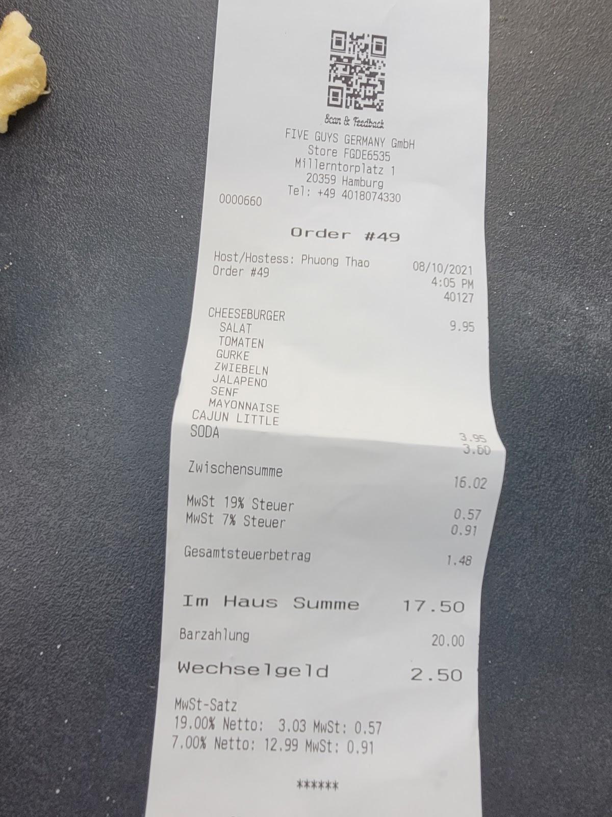 Speisekarte von Five Guys Hamburg Reeperbahn restaurant, Hamburg