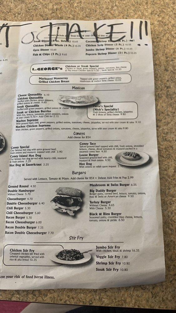 Menu at L George's Coney Island restaurant, Southfield, Northwestern Hwy