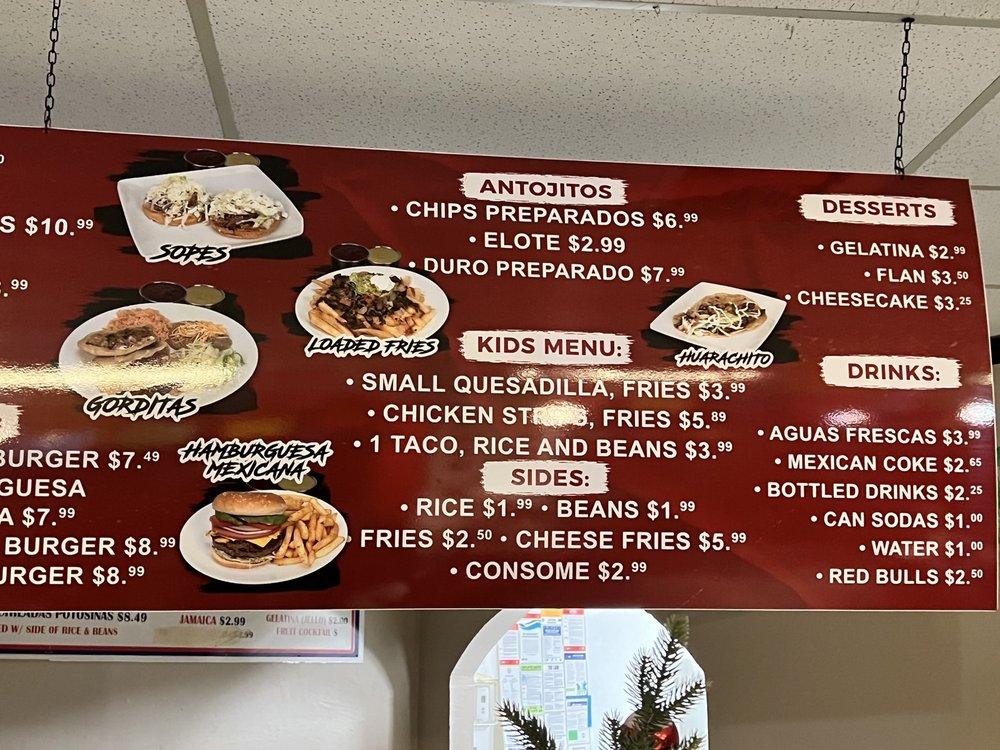 Menu at Taqueria Moctezuma restaurant, Irving