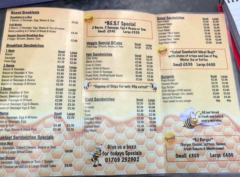 Menu at Bee Jay's Cafe, Rotherham