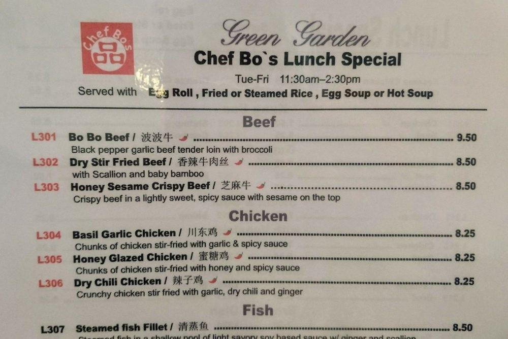 Menu at Green Garden restaurant, Lake Zurich, S Rand Rd