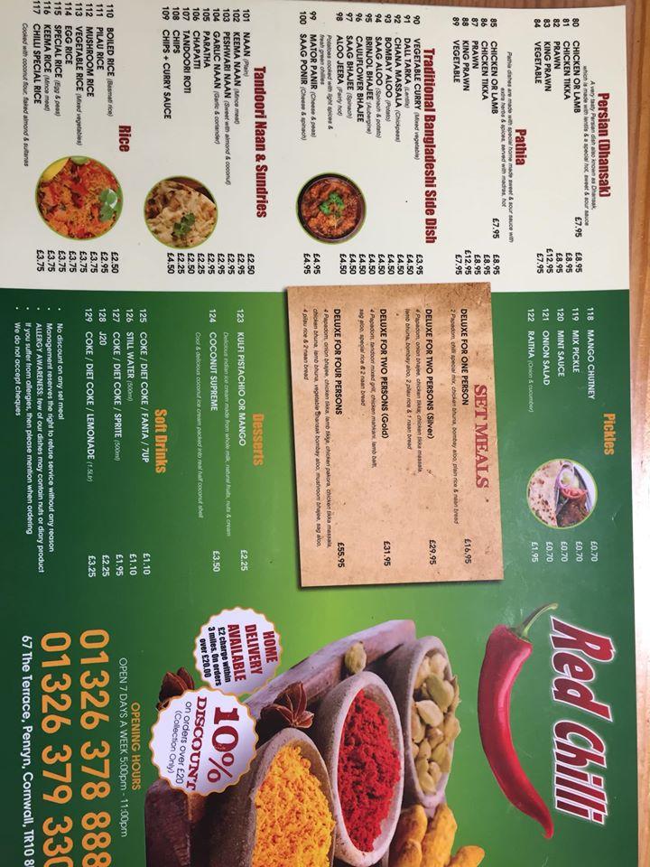 Menu at RED CHILLI restaurant, Penryn