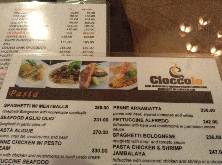 Menu at Cioccolo Cafè restaurant, Angeles, Royal Garden Estate Fil-Am ...