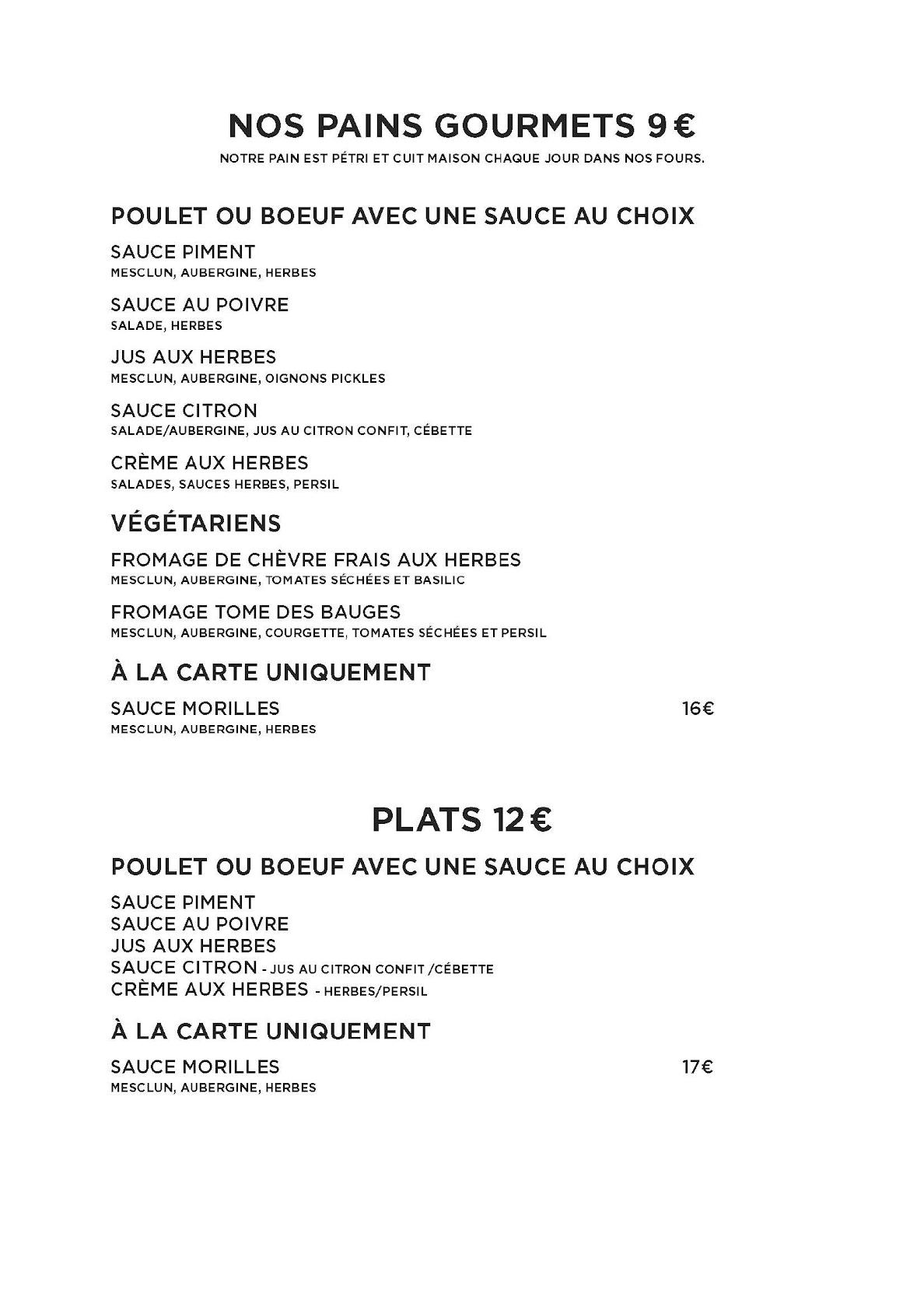 Menu at Feu restaurant, Paris