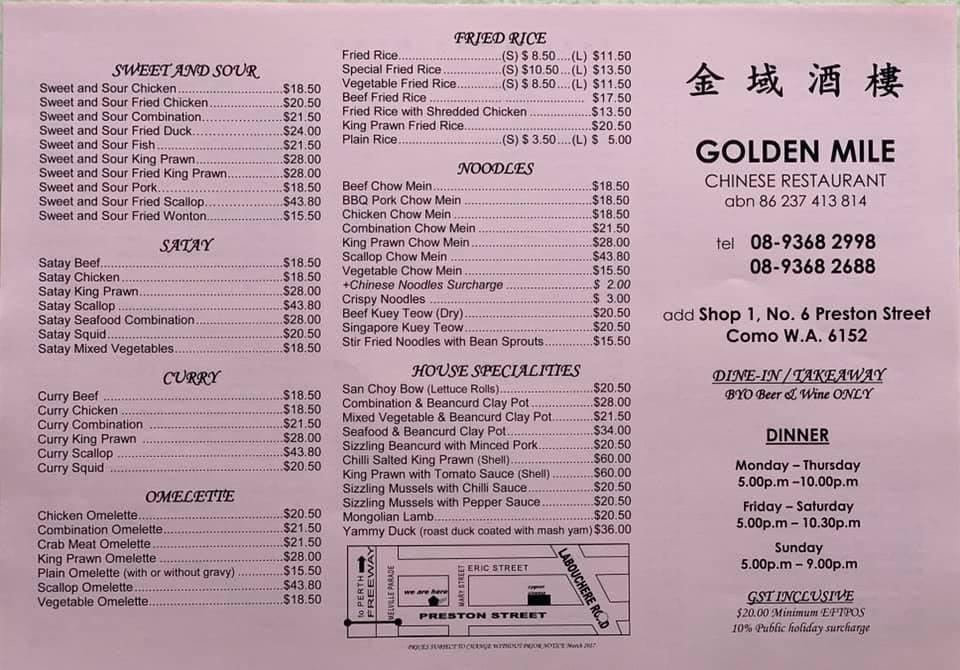Menu at Golden Mile Chinese Restaurant, Como