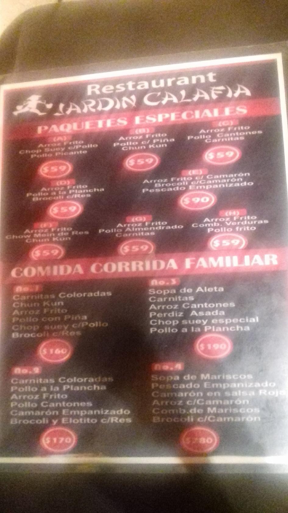 Carta de Jardin Calafia Restaurant Comida China, Mexicali