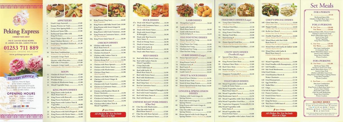 Menu at Peking Express fast food, Lytham Saint Annes
