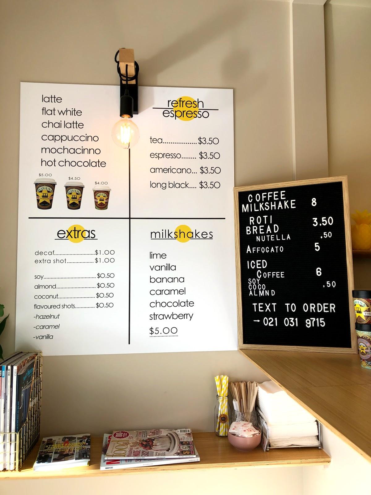 Menu at Refresh Espresso cafe, Wellington