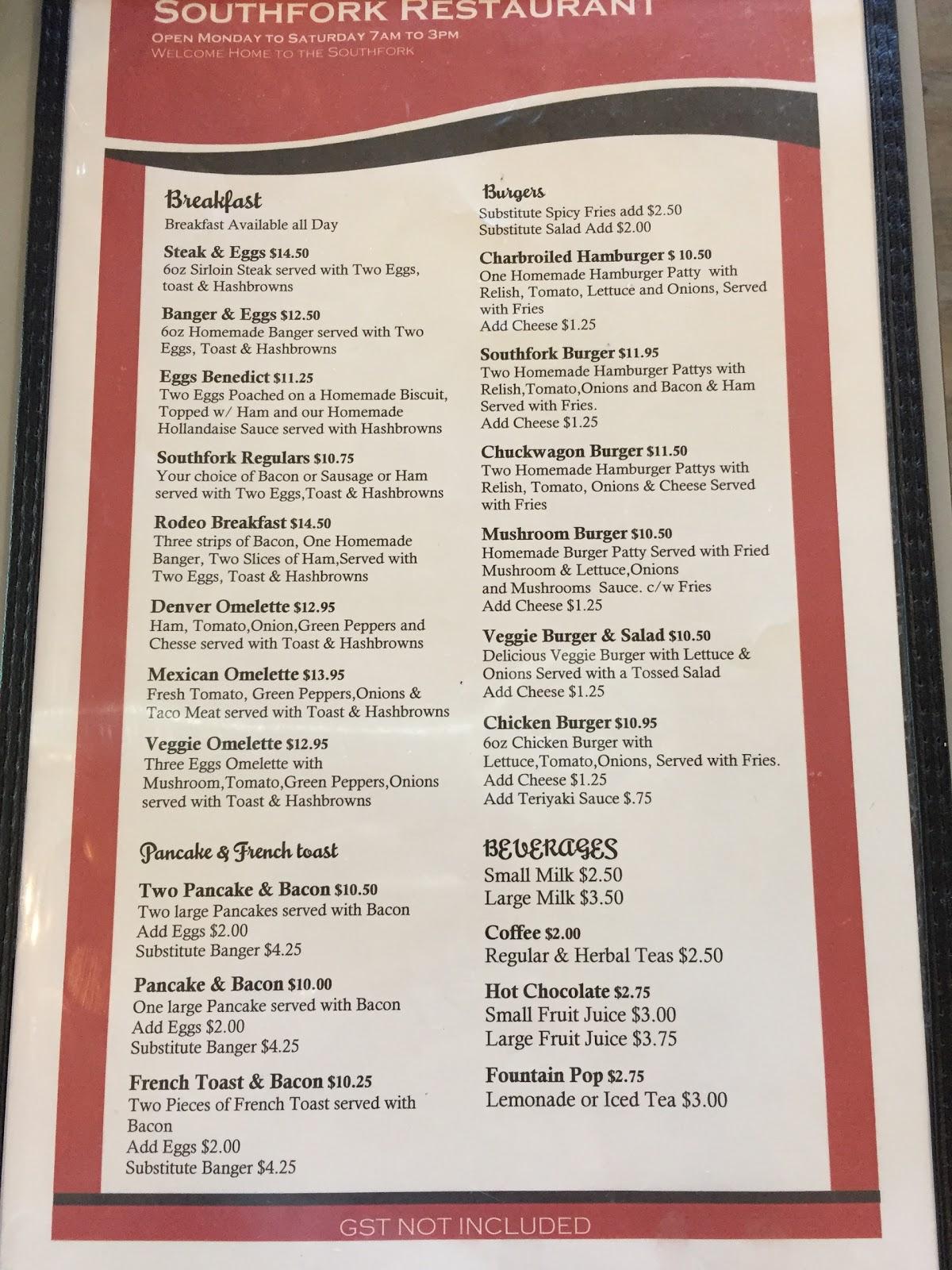 Menu at Southfork restaurant, High River