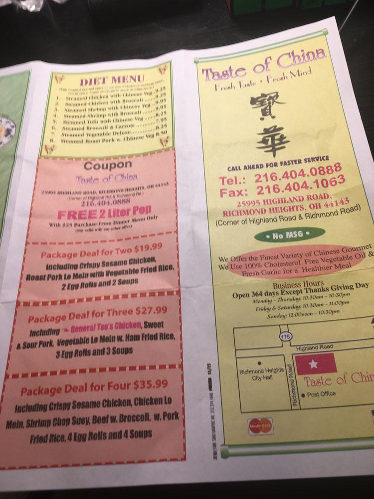 Menu at Taste of China restaurant, Richmond Heights, 25995 Highland Rd