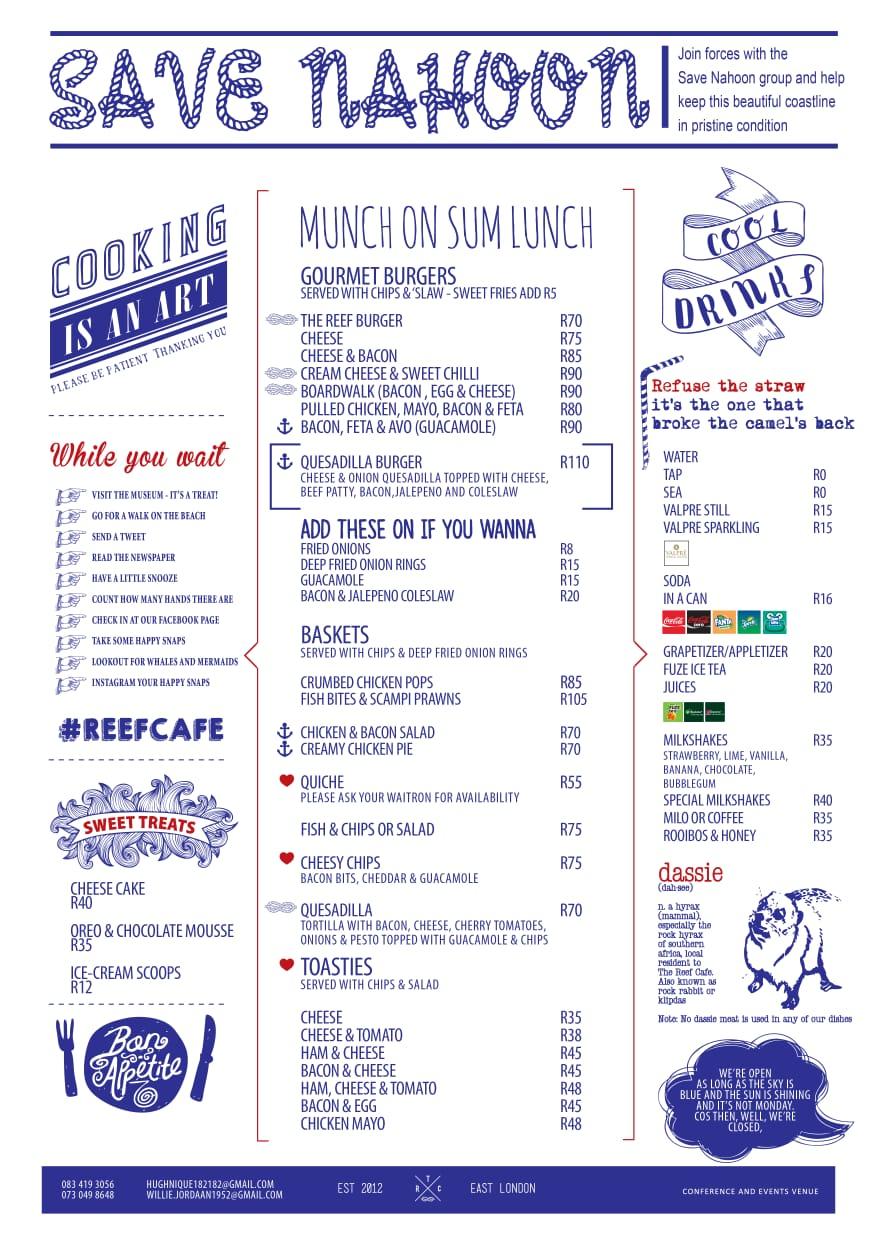 Menu at The Reef Café restaurant, East London, Nahoon Point Nature Reserve