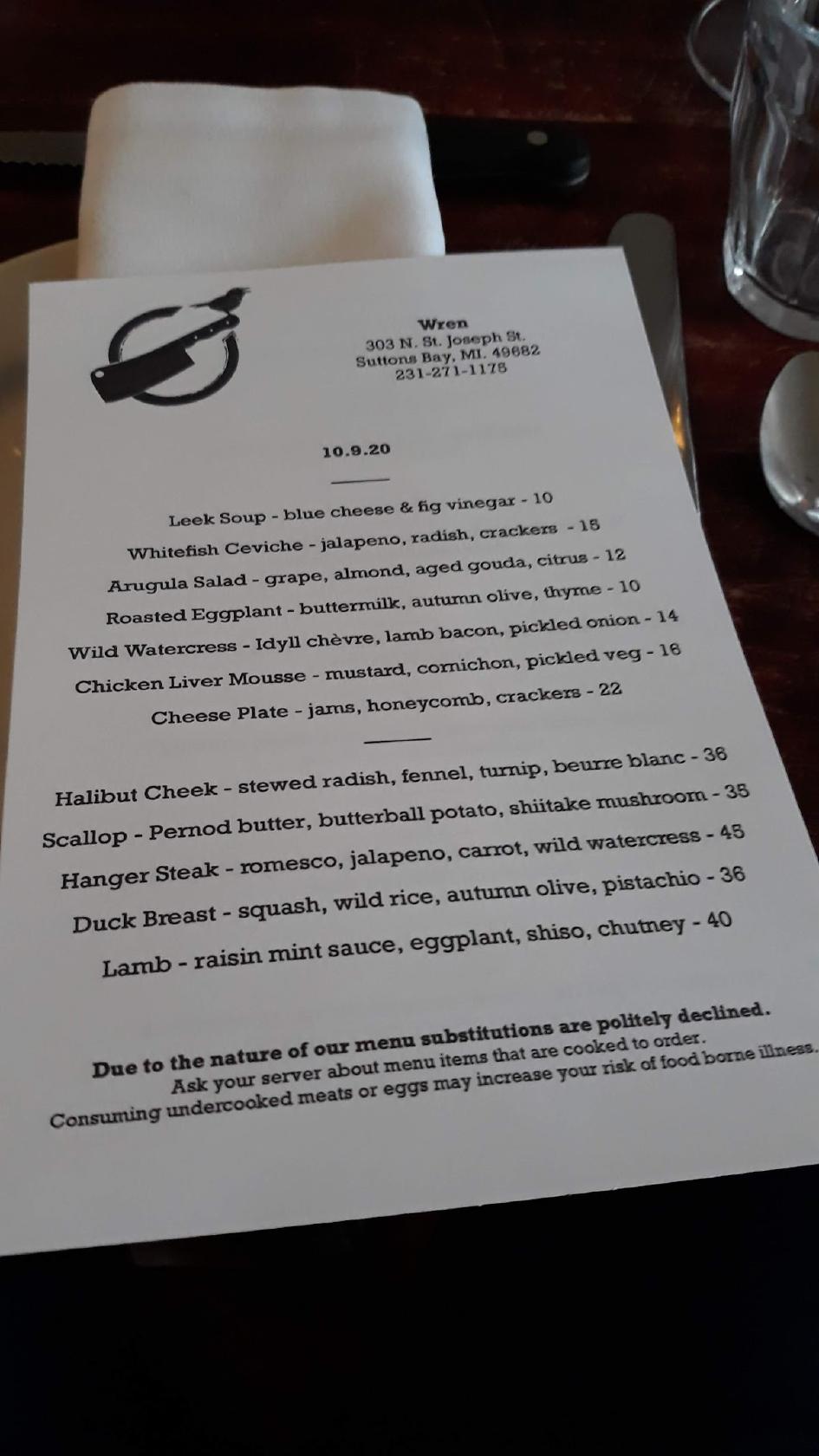 Menu at Wren restaurant, Suttons Bay