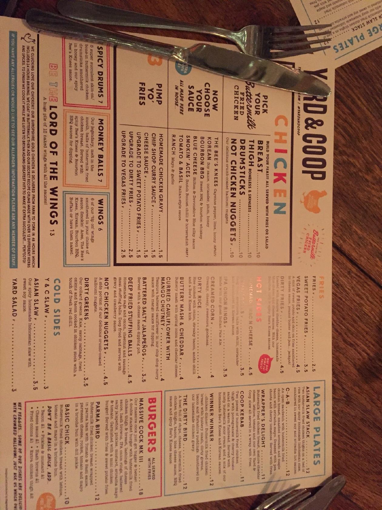 Menu at Yard & Coop Manchester pub & bar, Manchester