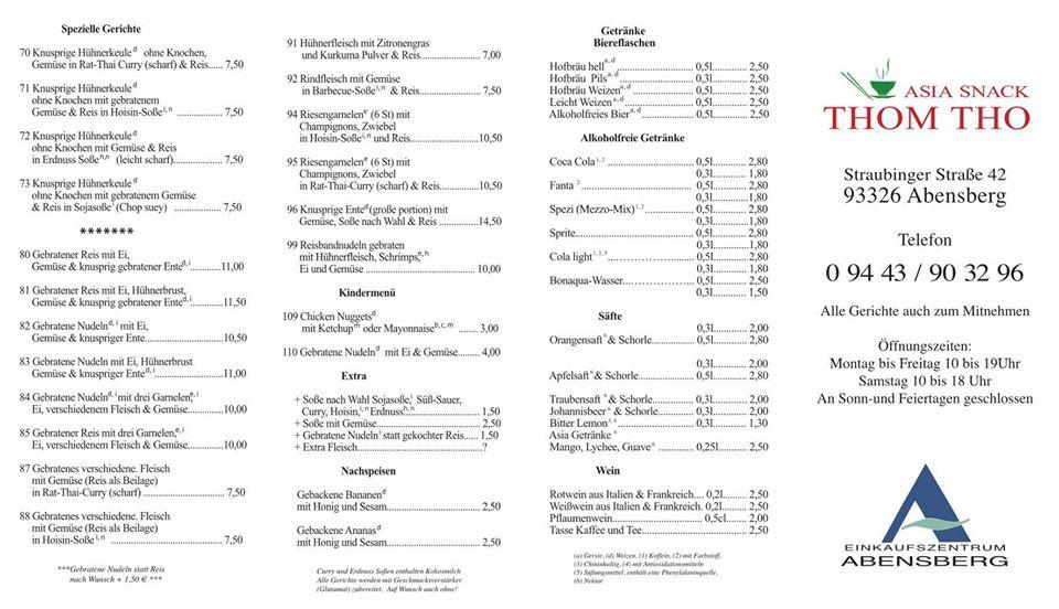 Menu at Asia-Snack restaurant, Abensberg
