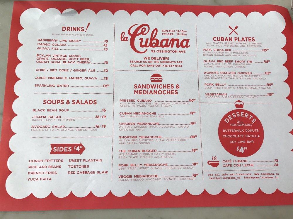 Menu at La Cubana desserts, Toronto, 92 Ossington Ave