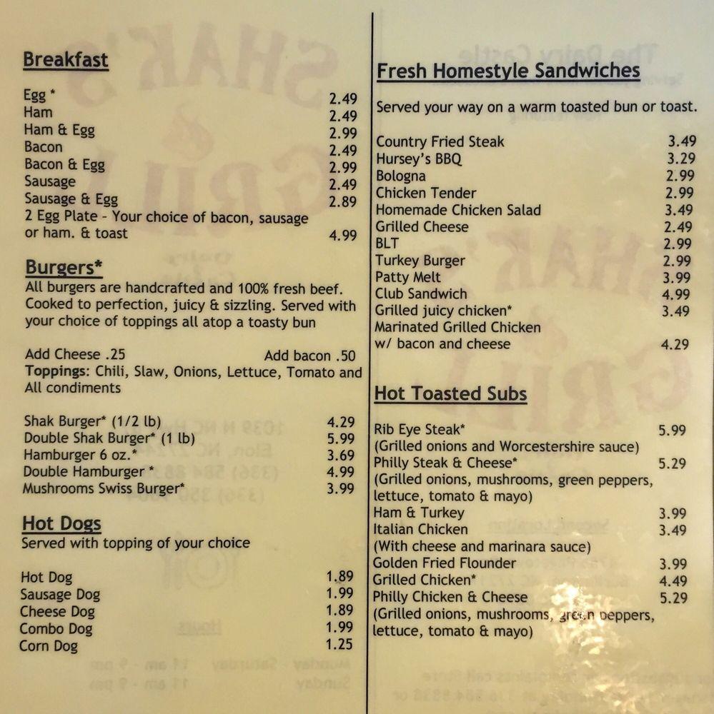 Menu at Shak's grill restaurant, Elon, NC-87