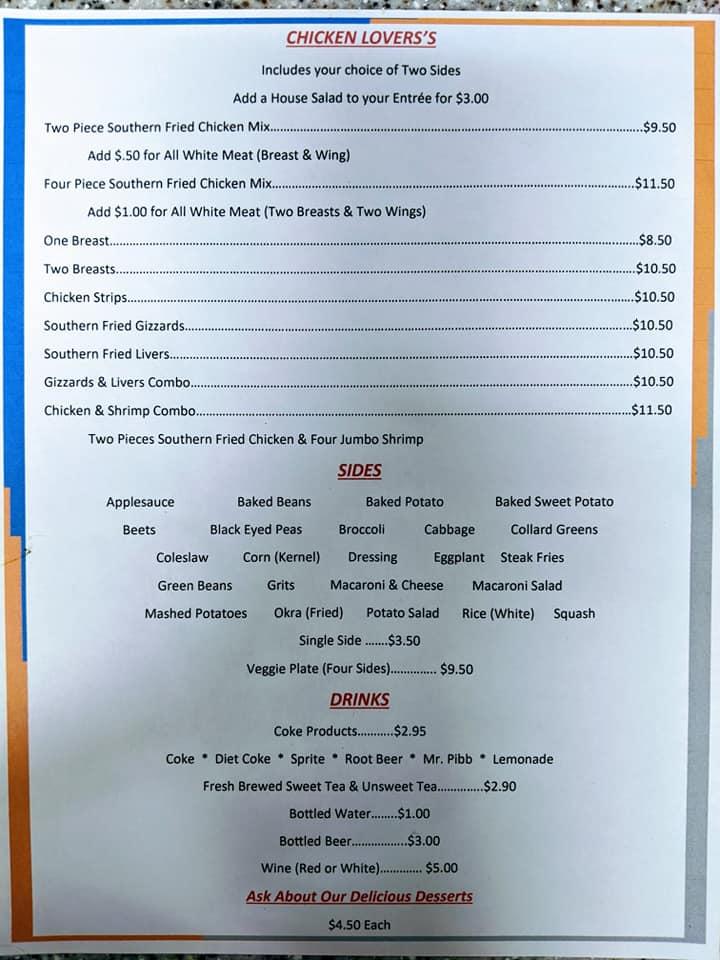 Menu at The Southern Table restaurant, Bunnell