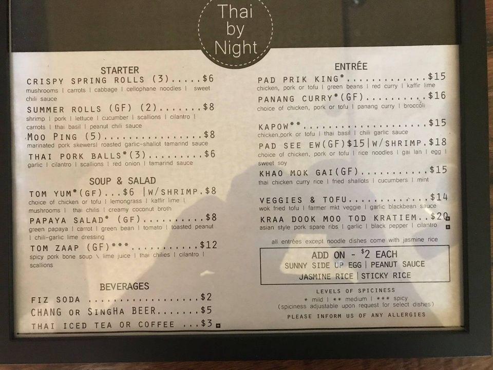 Menu at Thai by Night restaurant, Canandaigua