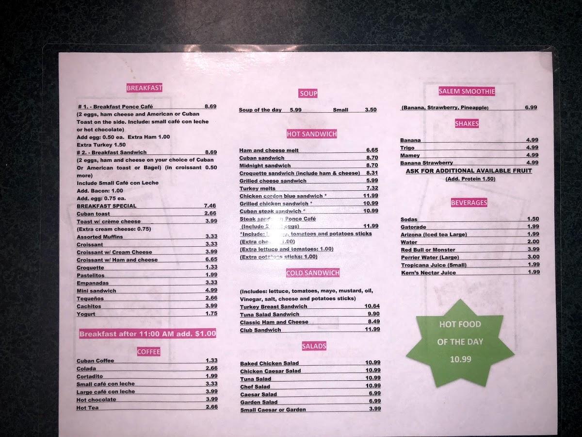 Menu at 4000 Ponce Cafe, Coral Gables