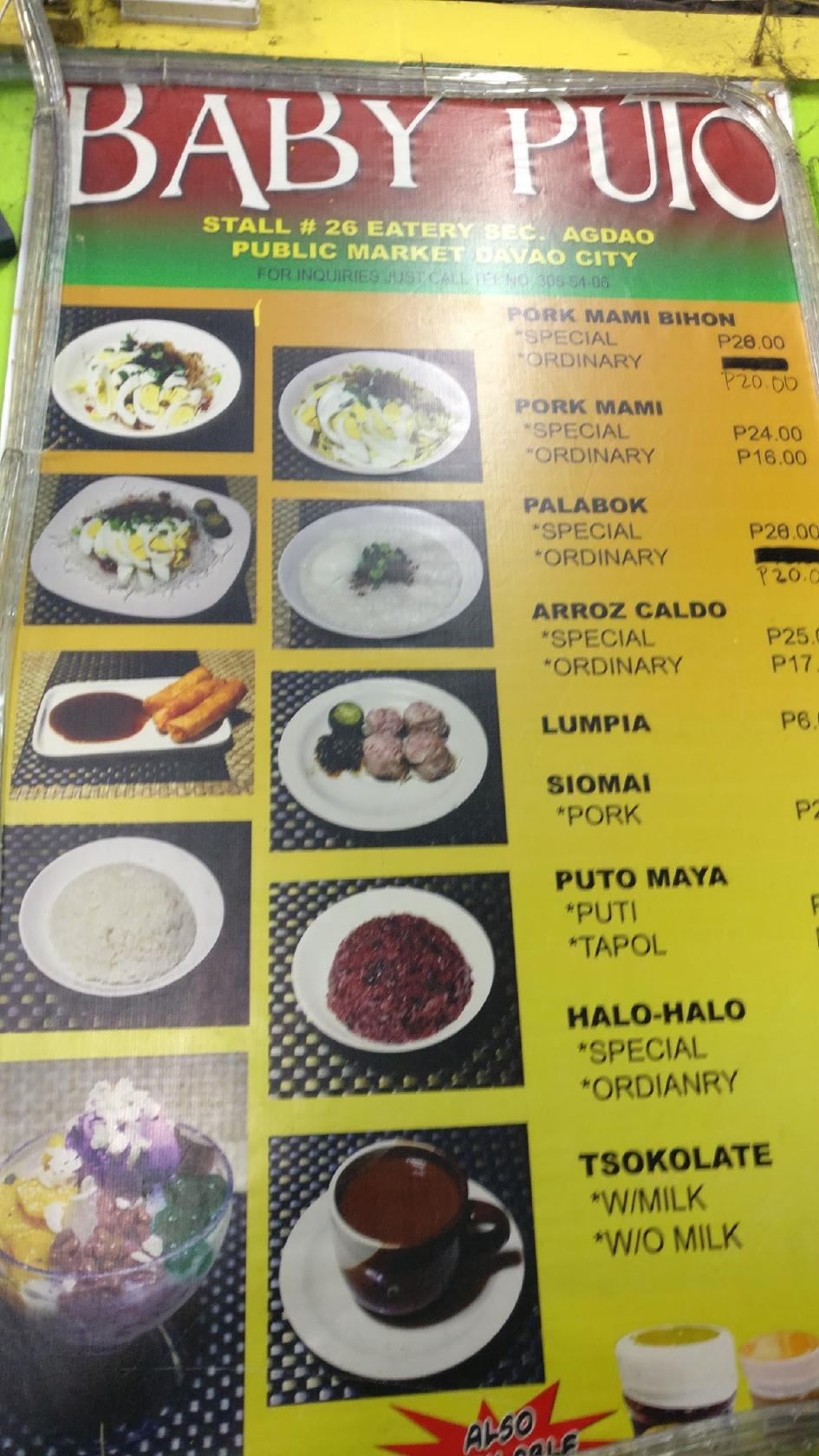Menu at Baby Puto cafe, Davao City, 3JWM+6P9