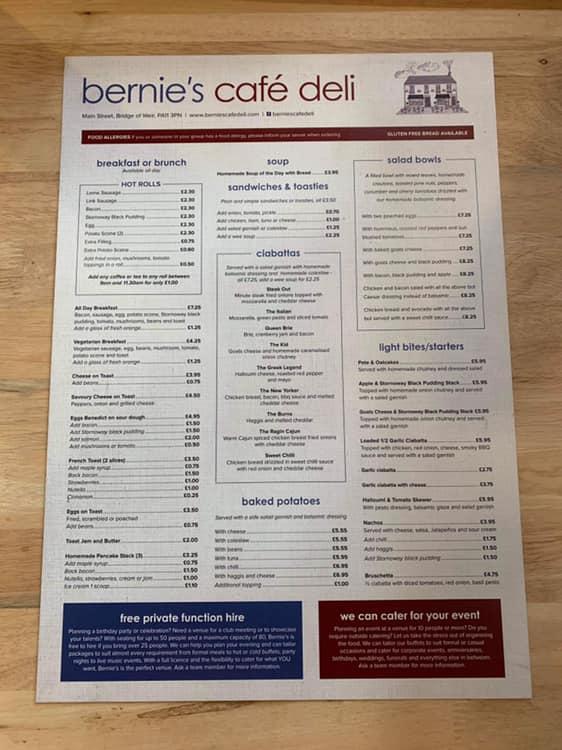 Menu at Bernie's Cafe Deli, Bridge of Weir