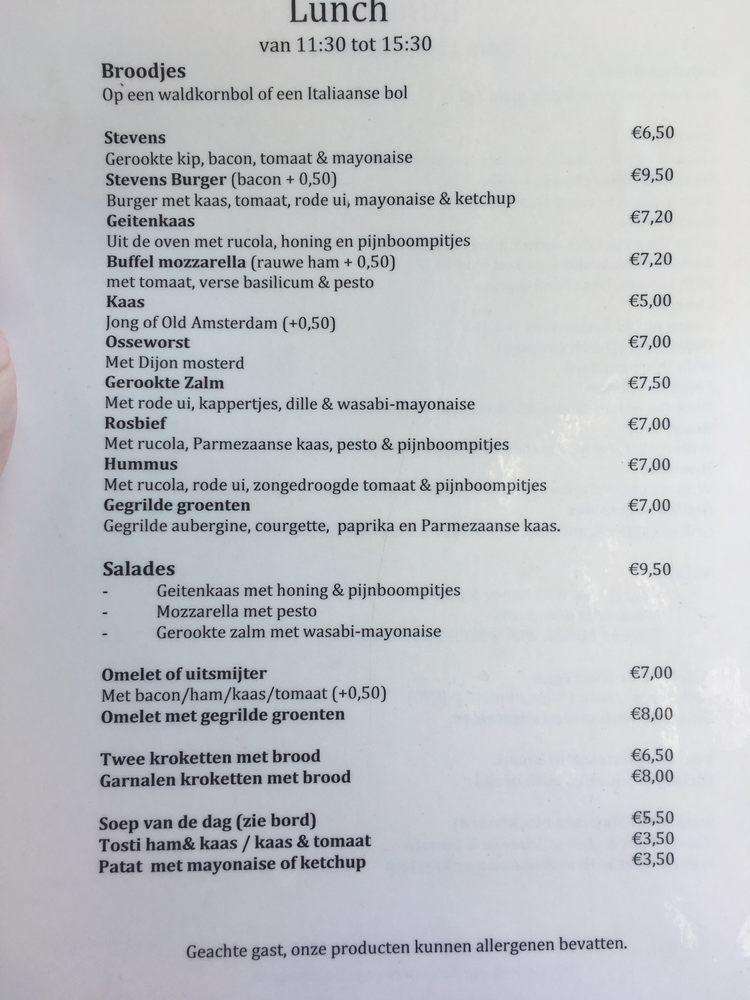 Menu at Cafe Stevens, Amsterdam