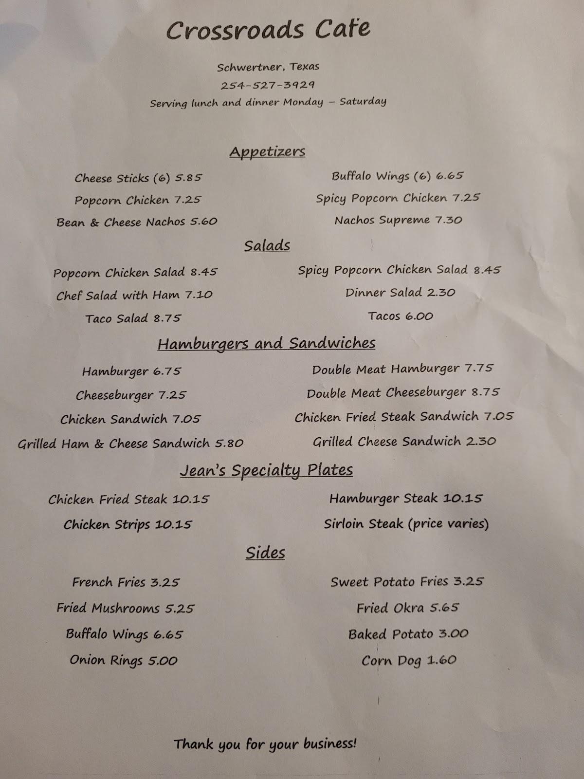 Menu at Crossroads Cafe, Schwertner, FM1105