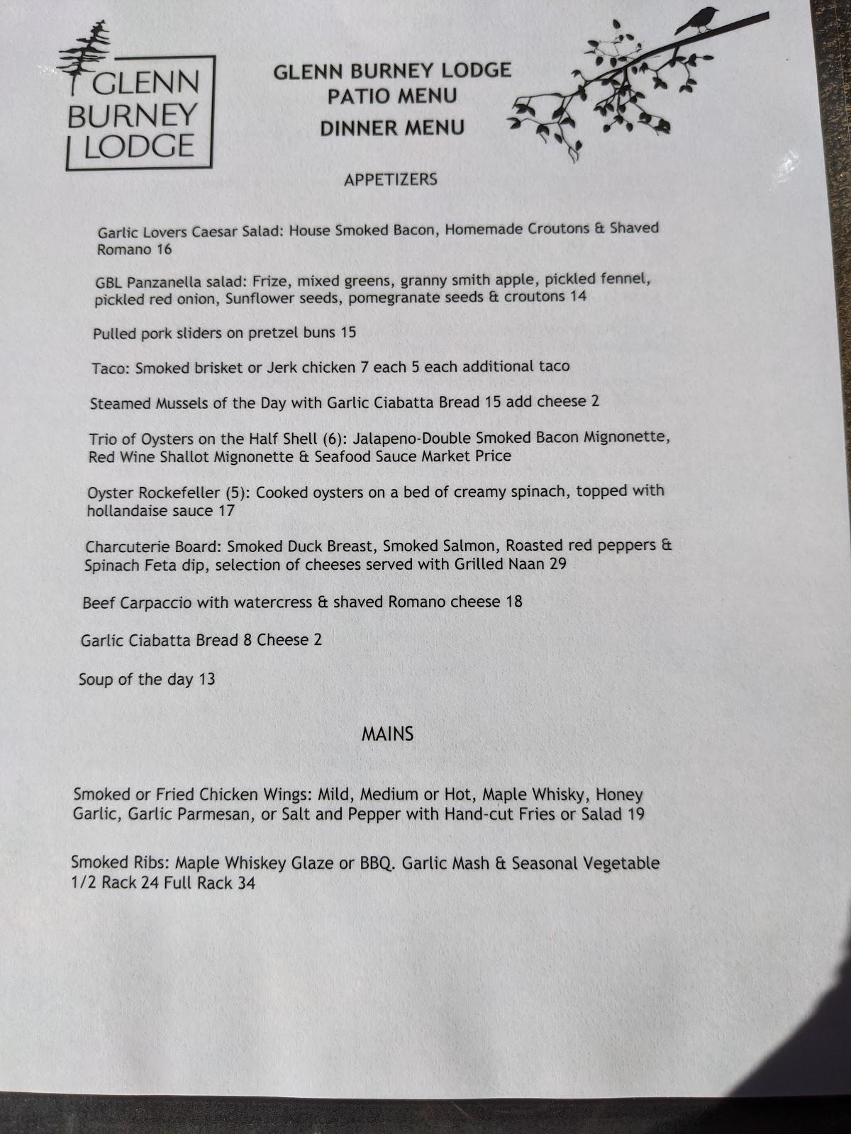 Menu at Glenn Burney Lodge restaurant, Parry Sound