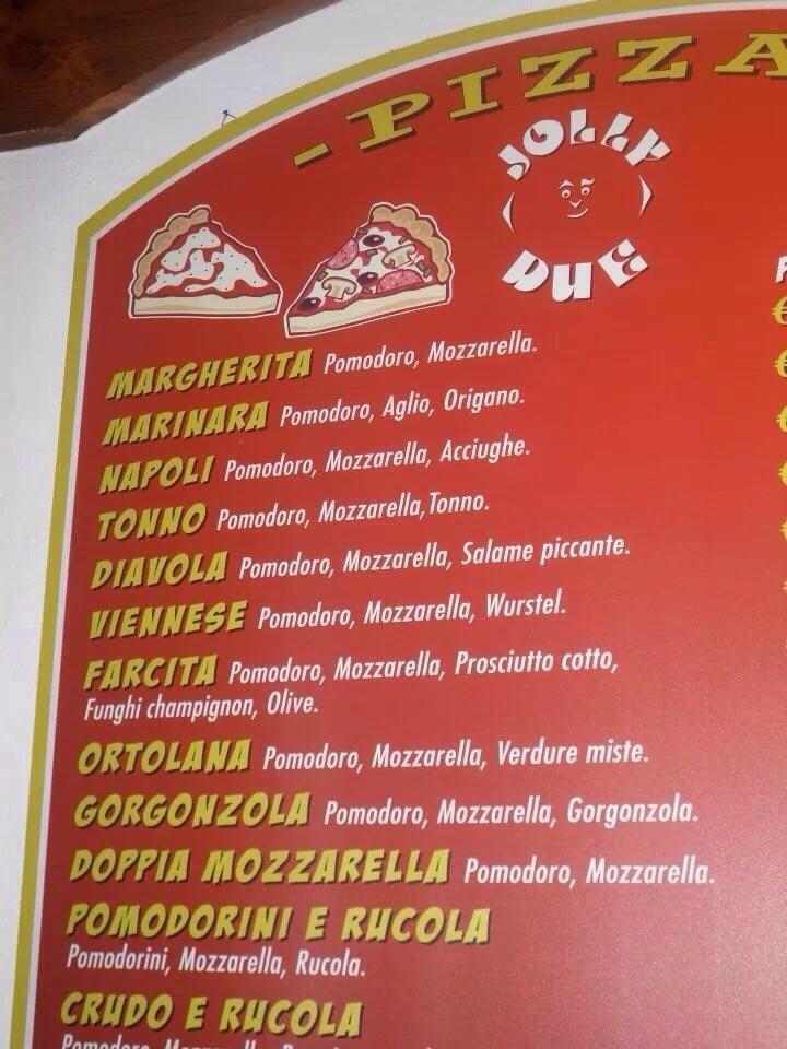 Menu at Jolly Due pizzeria, Milan