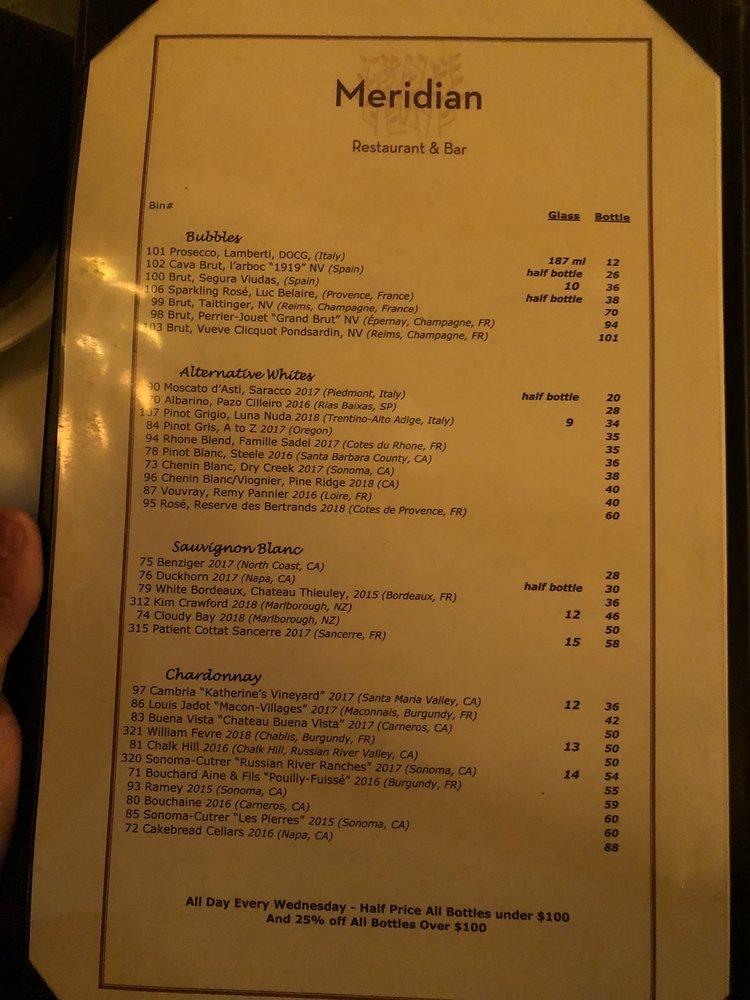 Menu at Meridian Restaurant & Bar, Indianapolis