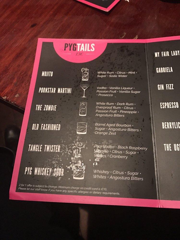 Menu at Pygmalion pub & bar, Dublin, 59 William St S