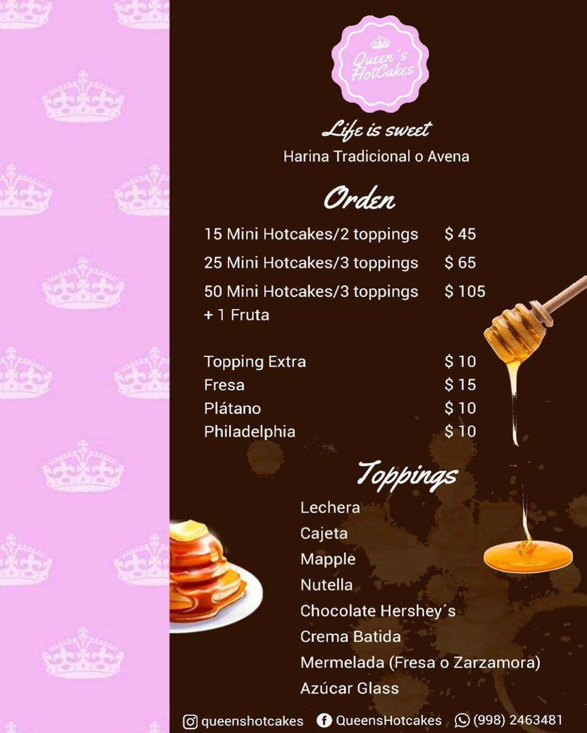 Menu at Queens Hotcakes desserts, Cancún