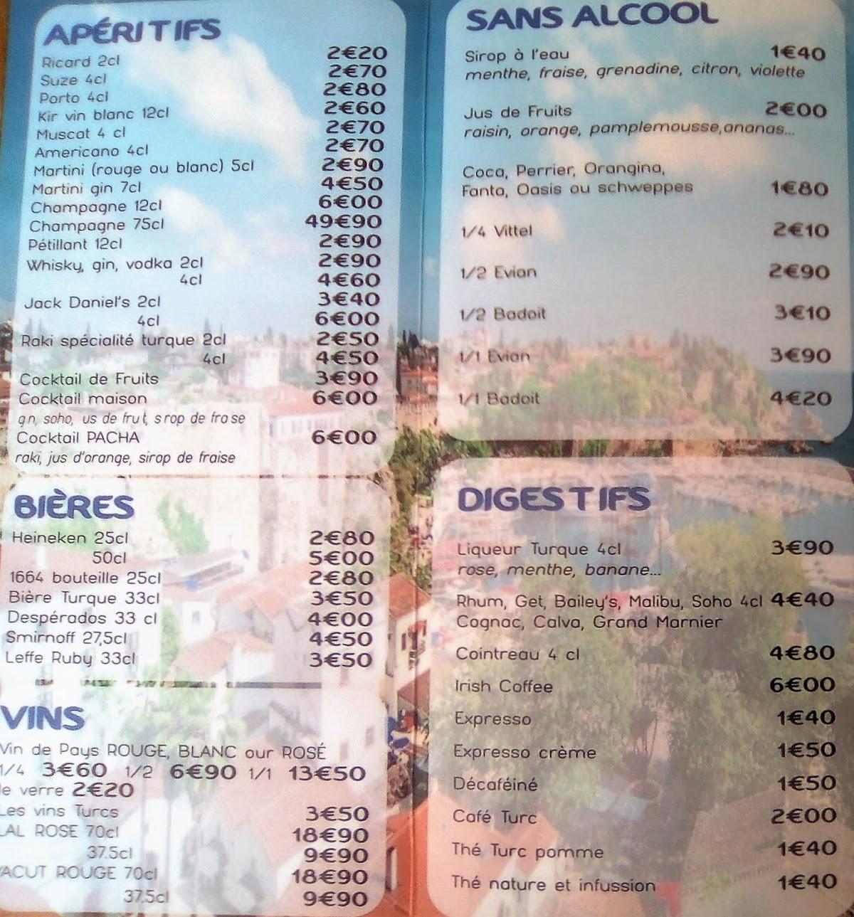 Menu au le pacha d antalya restaurant, Calais