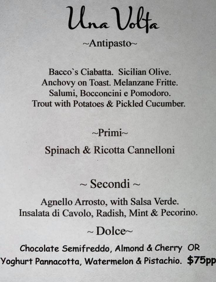 Menu at Una Volta restaurant, Newcastle