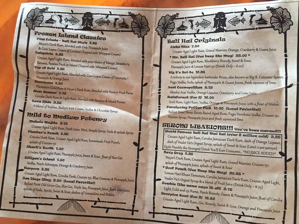 Menu at Bali Hai Restaurant, San Diego