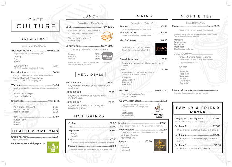 Menu at Cafe Culture, Aberdeen, 339 Union Street