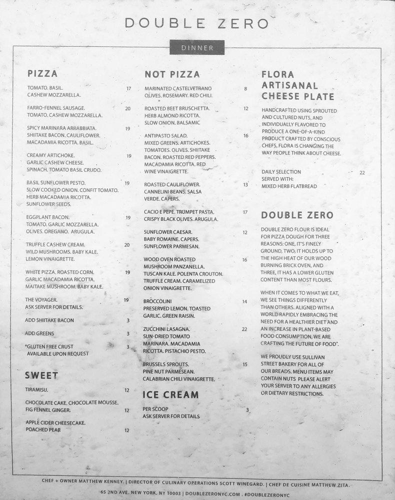 Menu at Double Zero pizzeria, New York City