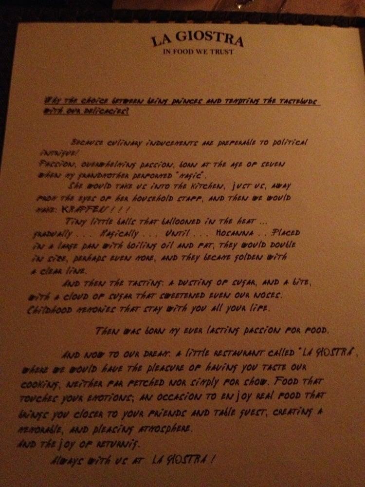 Menu at La Giostra restaurant, Florence, Borgo Pinti