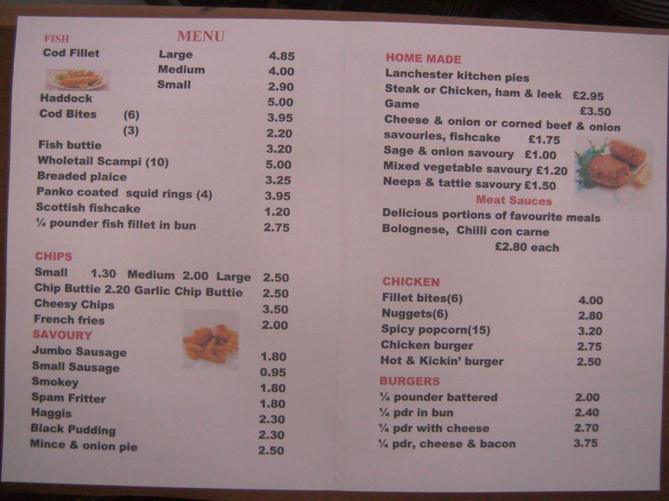 Menu at Lanchester Fish Bar, Burnhope